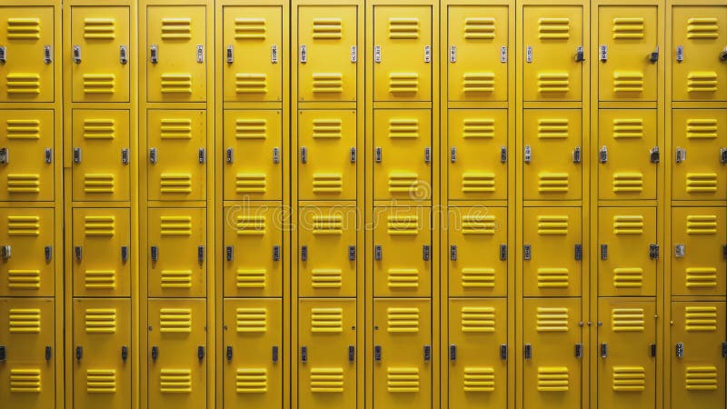 Endless Array of Yellow Lockers with Combination Locks and Vented Doors ...