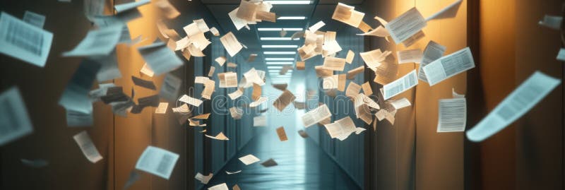 Endless Chaos in a Dimly Lit Hallway Overwhelmed by a Cascade of Office ...