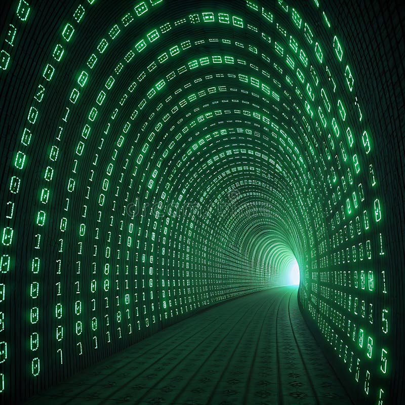 Endless Circuit: a Tunnel of Glowing Binary Code and Shifting Digital ...