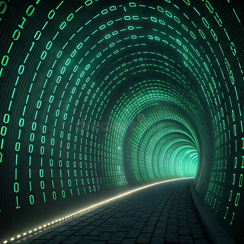 Endless Circuit: a Tunnel of Glowing Binary Code and Shifting Digital Patterns Stock ...