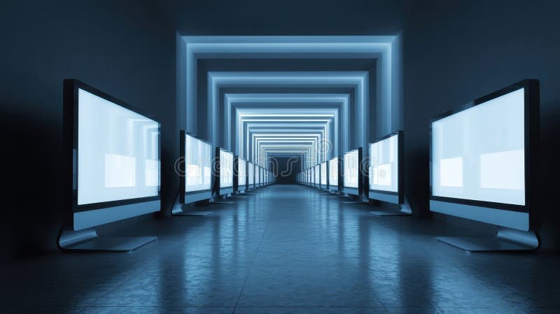 Endless Corridor of Computer Desktops Arranged in a Futuristic Digital ...