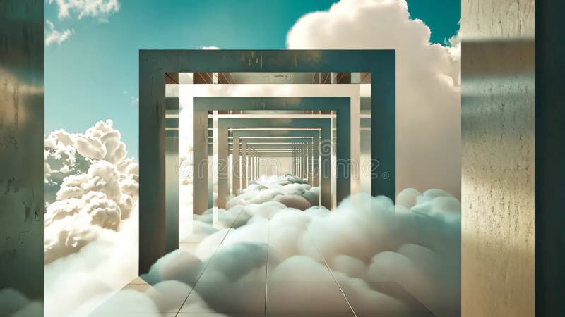 An Endless Corridor of Floating Platforms Leads through Fluffy Clouds ...