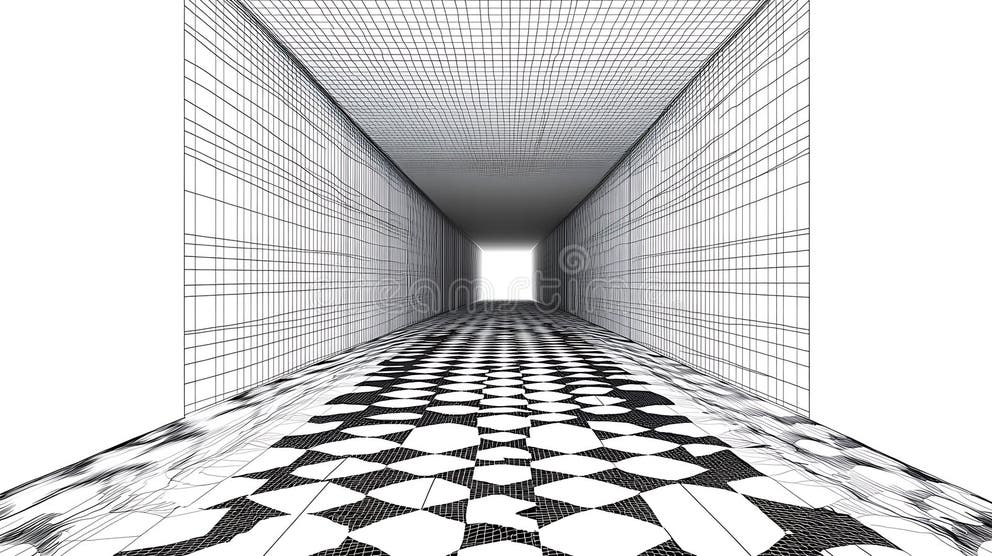 Endless Corridor Perspective with Checkered Floor Digital Wireframe ...