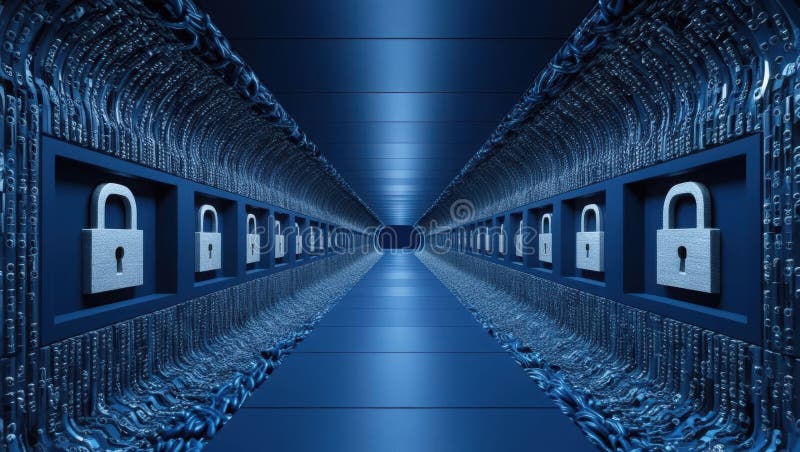 Endless Data Tunnel Made of Flowing Encrypted Particles with Lock Icons ...