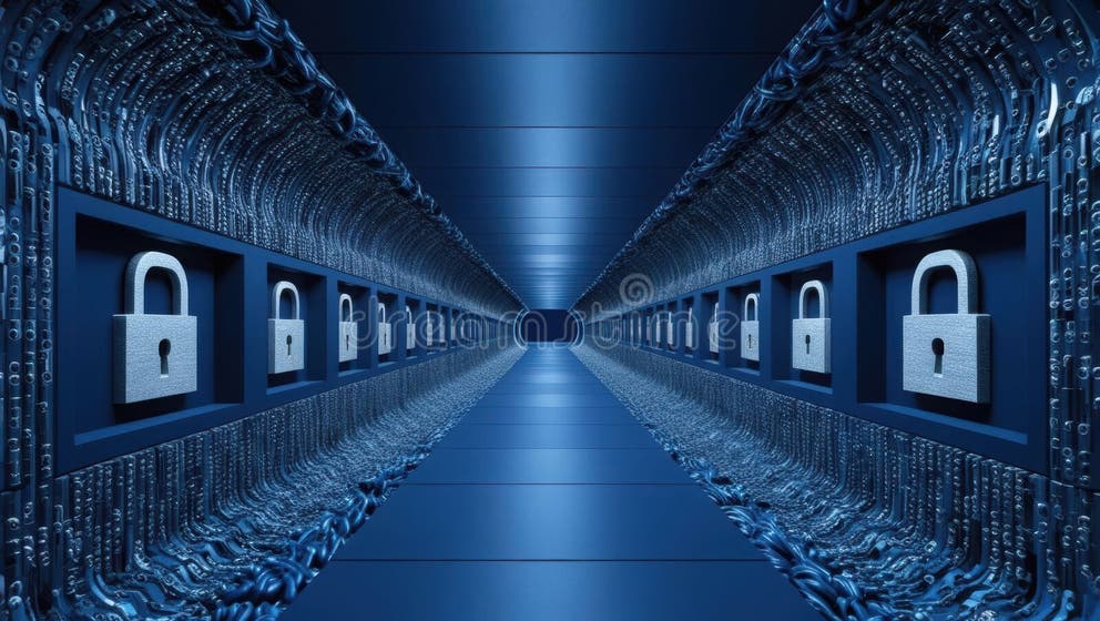 Endless Data Tunnel Made of Flowing Encrypted Particles with Lock Icons ...