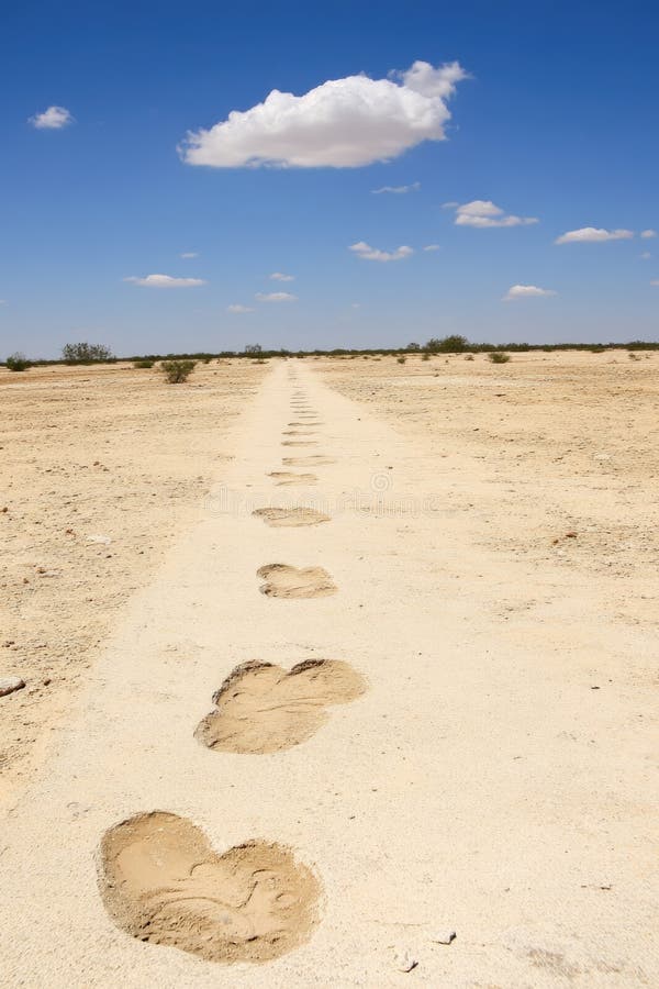 Endless Desert Pathway with Animal Footprints Under Blue Sky and Clouds ...
