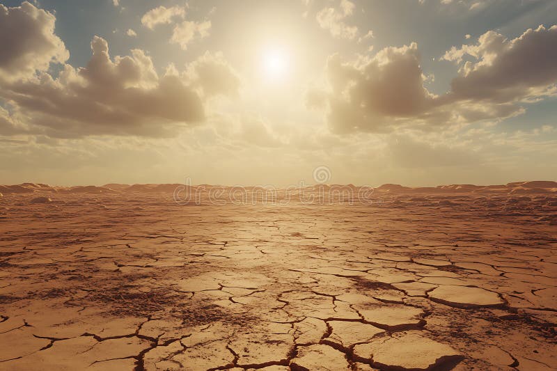 Endless Desert Plain with Cracked Sun-Baked Earth Under Intense Heat ...