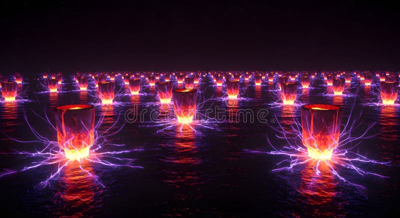 Endless Field of Glowing Containers with Electrical Arcs Stock ...