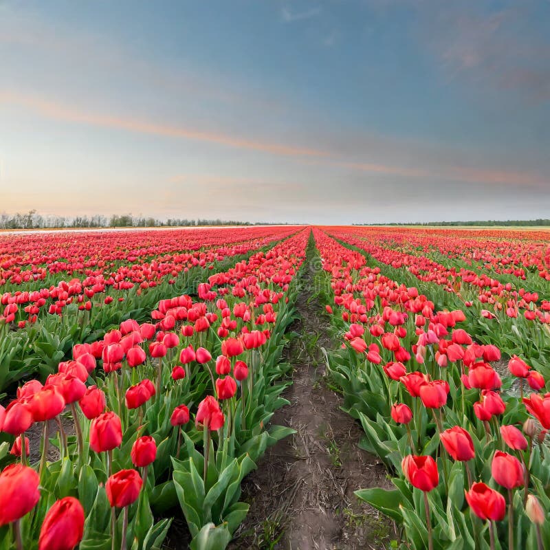 An Endless Field of Red Tulips. Stock Photo - Image of field, flora ...