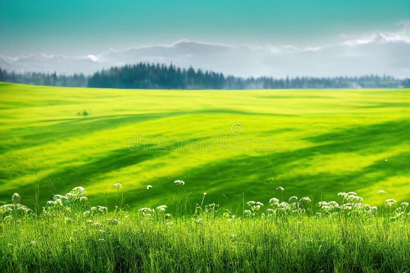Endless Fields of Green Grass and Wild Flowers, Magnificent Natural ...
