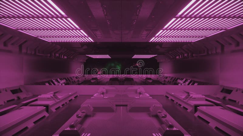 Endless Flight through Tunnel Inside a Spaceship. Cargo Compartment. View of Open Space Ahead ...