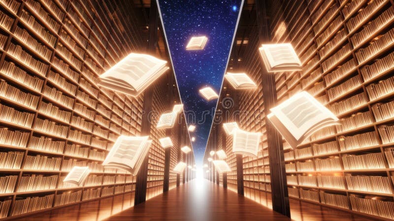Endless Golden Library with Hovering Books and Starry Night Sky Stock ...
