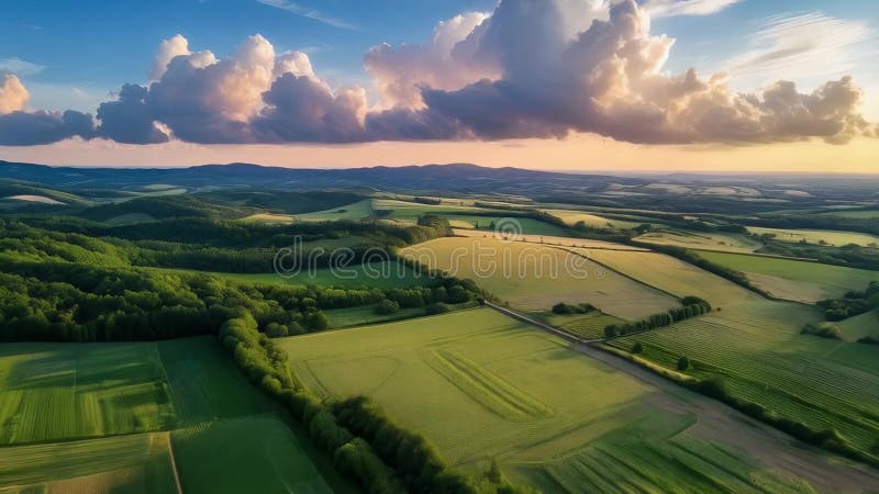 Vast Green Fields Under a Colorful Sky with Clouds at Sunset in a ...