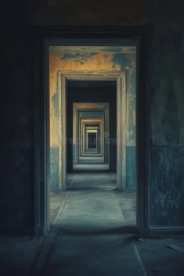 Endless Hallway with Multiple Doors in Dim Light Stock Illustration - Illustration of unknown ...