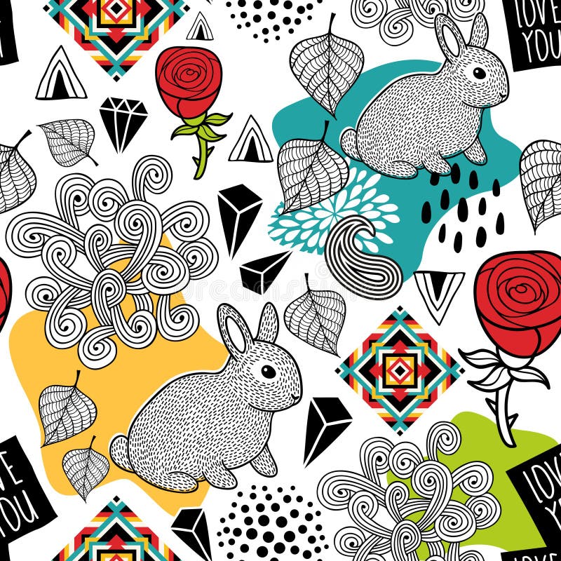 Endless Pattern with Cute Animals and Abstract Elements. Stock Vector ...