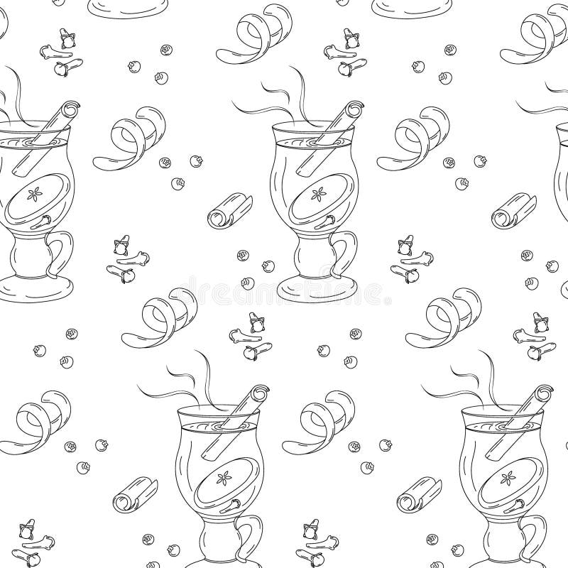 Endless Pattern of Freehand Outline Drawing of a Glass Cup with Mulled ...
