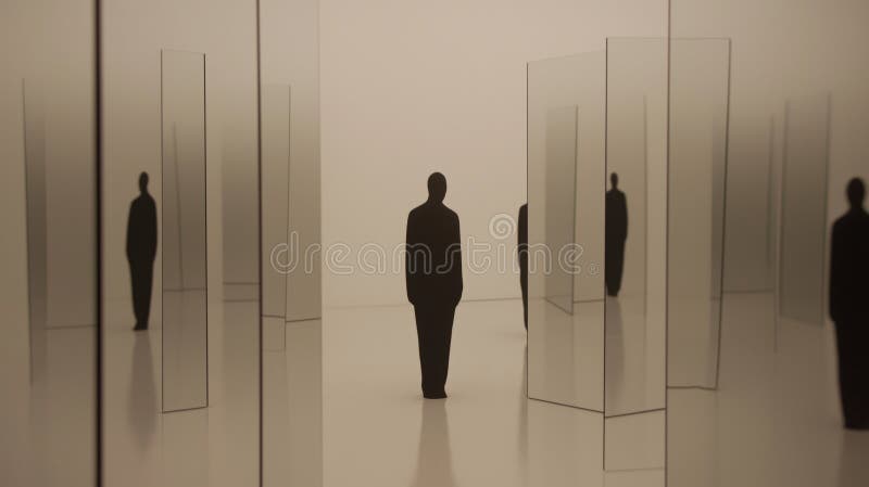 Endless Reflection: Labyrinth of Mirrors with Silhouetted Figure Stock ...