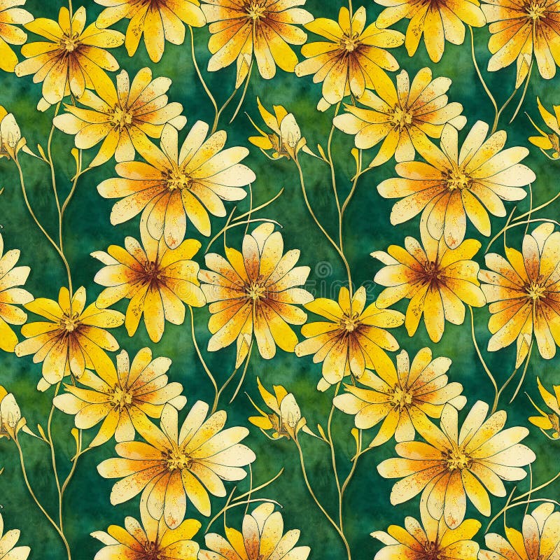 Summer Seamless Pattern with Yellow Flowers on Watercolor Green ...
