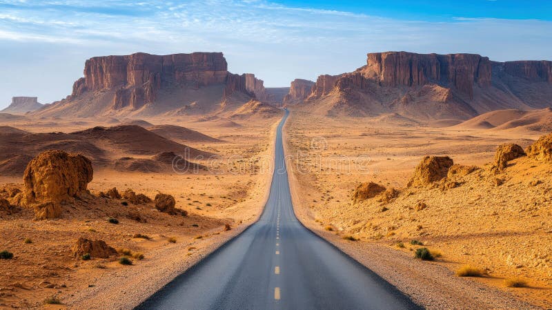 Endless Road through Majestic Desert Landscape with Towering Cliffs ...