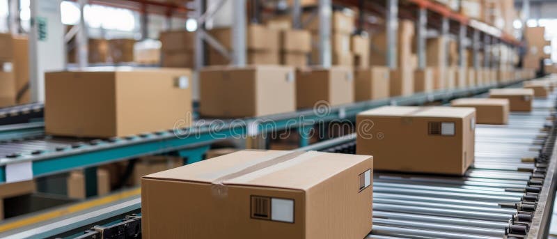 An Endless Row of Cardboard Boxes on a Conveyor Belt in a Warehouse ...