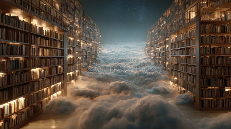 Endless Rows of Bookshelves Create a Serene Library Floating Above ...