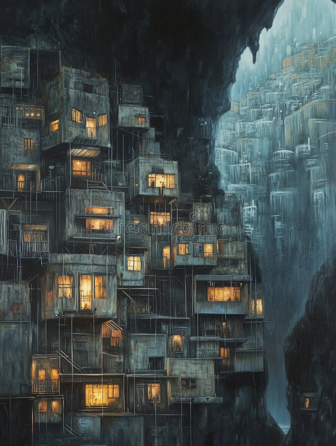 Endless Rows of Illuminated Buildings in a Massive Underground City ...