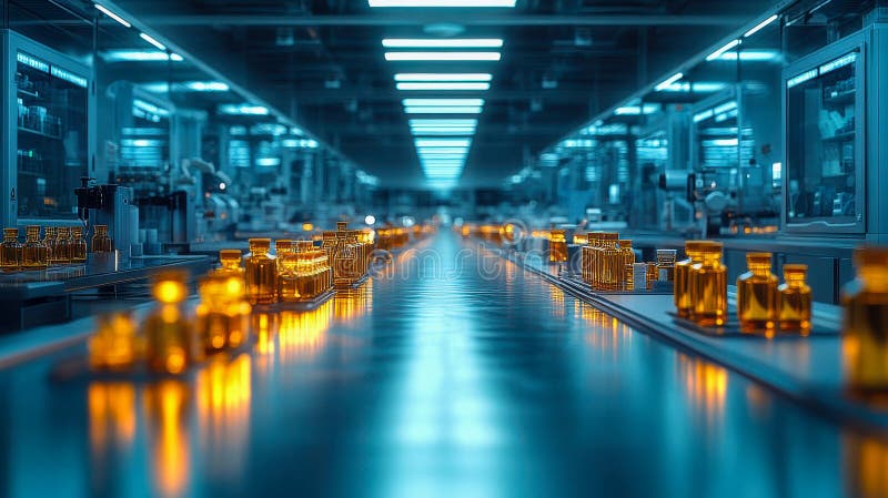 Endless Rows of Orange Pharmaceutical Bottles on a Production Conveyor ...