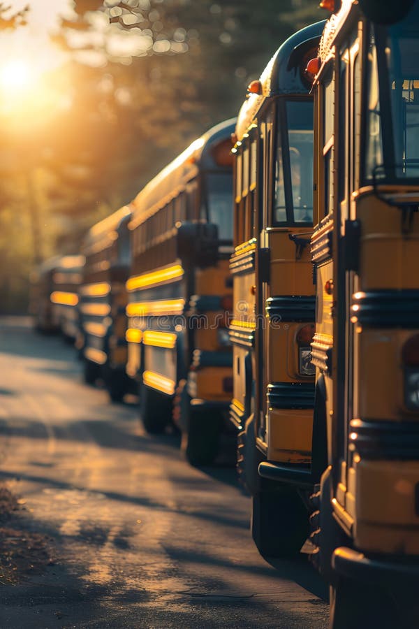 A Row of School Buses in the Parking Lot. Generative AI Stock ...
