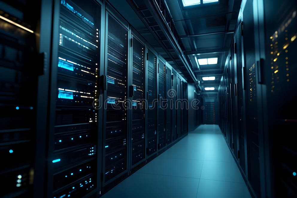 Endless Rows of Server Cabinets in a High-Tech Data Center with ...
