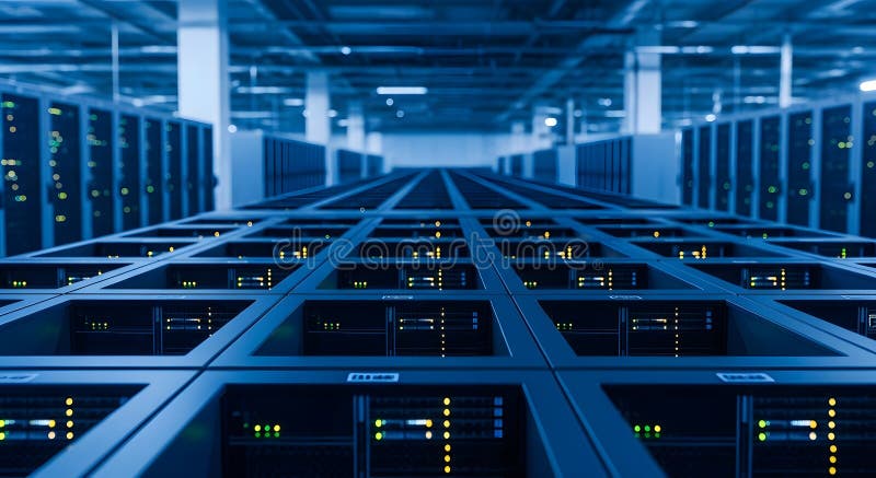 Endless Rows of Server Racks Fill the Expansive, Cool Blue Data Center ...