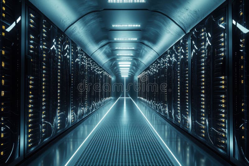 Cinematic View of Data Center with Endless Rows of Illuminated Servers ...