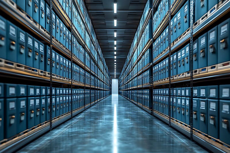 Endless Rows of Teal Archive Boxes in Modern Data Storage Facility ...