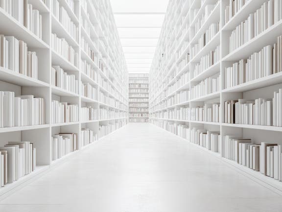 Endless Rows of White Bookshelves in Minimalist Library Interior Design ...