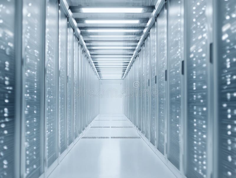 Endless Server Room Corridor, Depicting Data, Technology, and a Digital ...