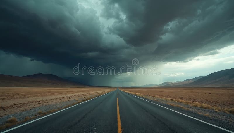 Endless Straight Road Stretches Forward in Arid Desolate Plain Beneath ...
