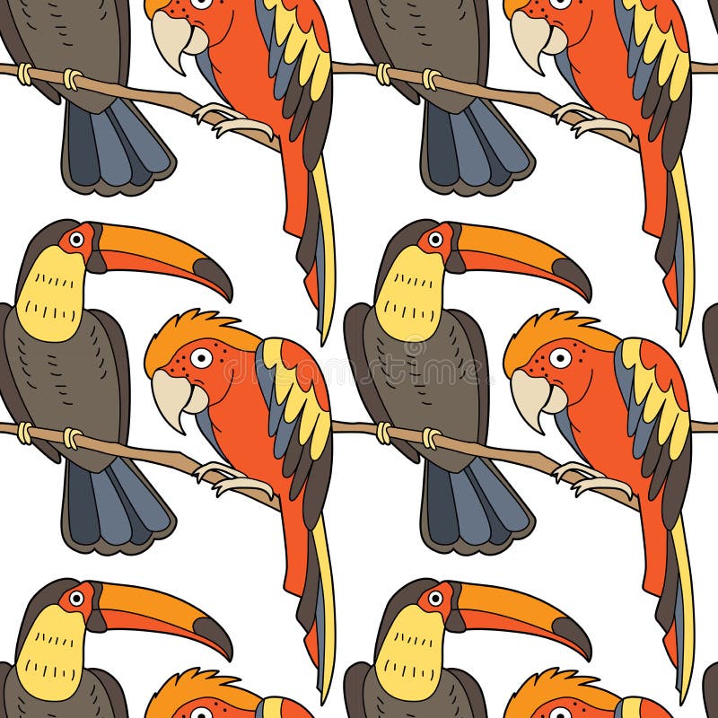 Endless Texture with Cute Funny Birds Living in Tropics. Seamless ...