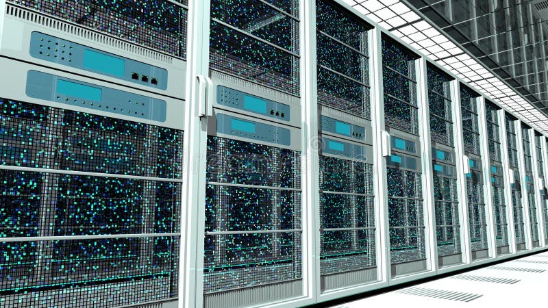 Endless Tour of a White Server Processing Data with Blue Lights Behind ...