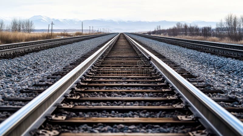 Endless Train Track in Vast Open Landscape with Mountain View Stock ...