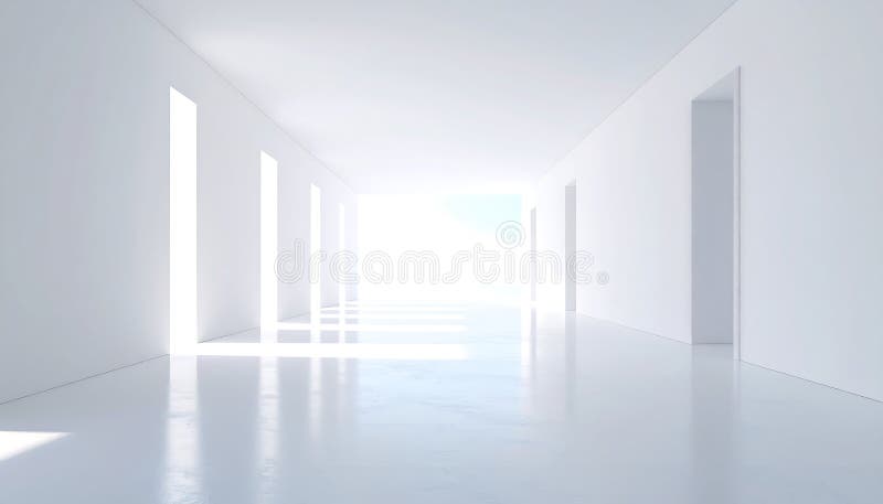 An Endless White Corridor with Bright Light at the End, Creating a ...