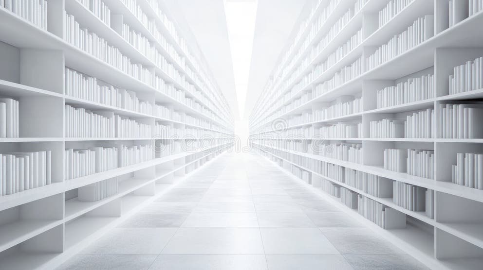 Endless White Corridor of Minimalist Shelves Creating an Infinite ...