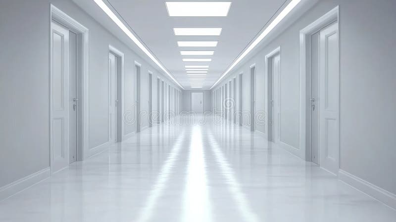 Endless White Corridor with Symmetrical Doors, AI Stock Image - Image ...