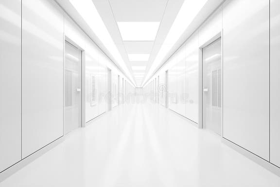 Endless White Corridor with Symmetrical Doors and Bright Ceiling Lights ...