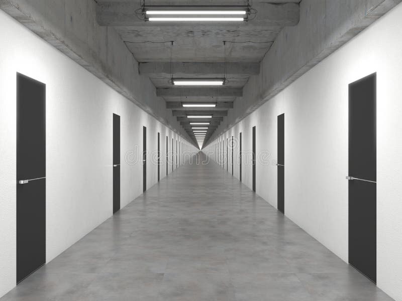 An Endlessly Long Corridor with Many Closed Identical Doors in a Row ...