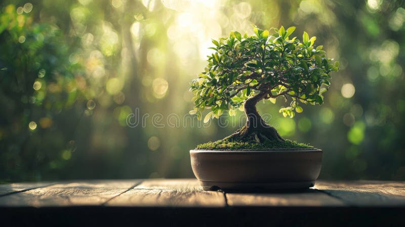 An Enduring Oak Bonsai Tree Adorned with Bright Green Leaves in a Rural ...