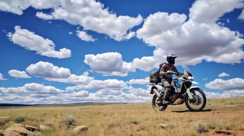 Motorcycle Traveler Under a Blue Sky Generated by AI Tool. Stock Photo ...