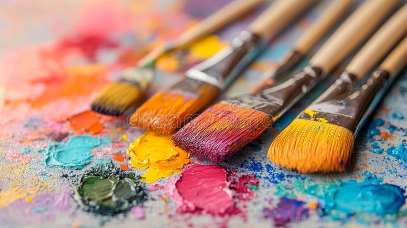 An Energetic Artist Displaying a Variety of Brushes and Color Samples ...