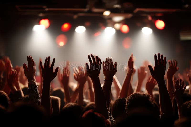 Energetic Audience with Hands Raised in a Dimly Lit Venue during a Live ...