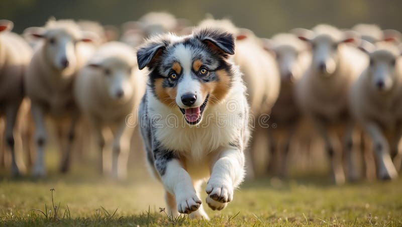 Energetic Australian Shepherd Herding Sheep with Confidence Stock ...