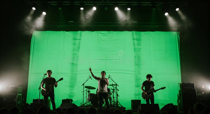 Energetic Band Performance on Stage with Vibrant Green Backdrop at ...