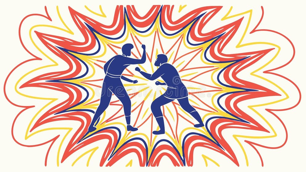 Energetic Battle Scene, Two Figures in Explosive Confrontation, Vector ...